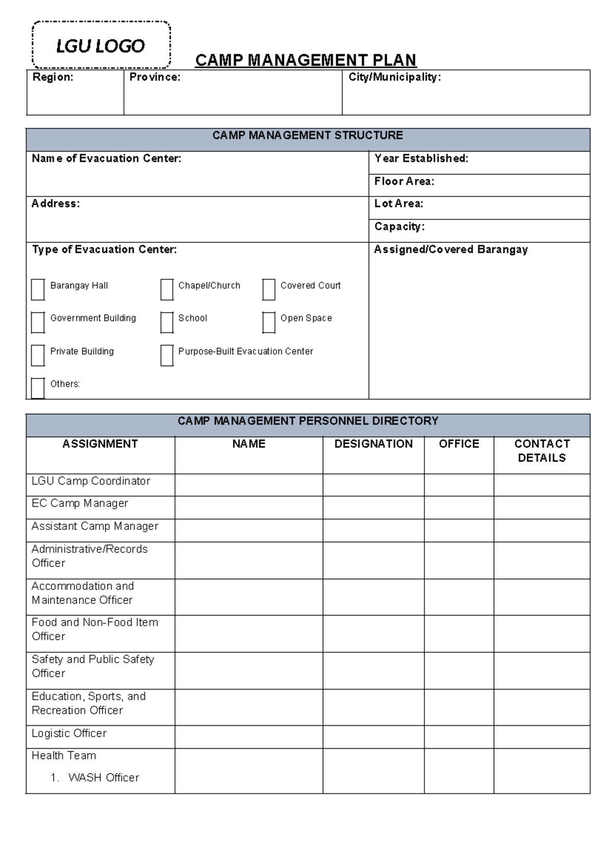 Camp Management Plan - CAMP MANAGEMENT PLAN Region: Province: City ...