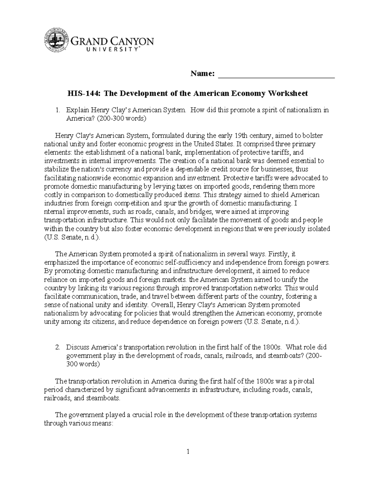The Development of the American Economy Worksheet - How did this ...
