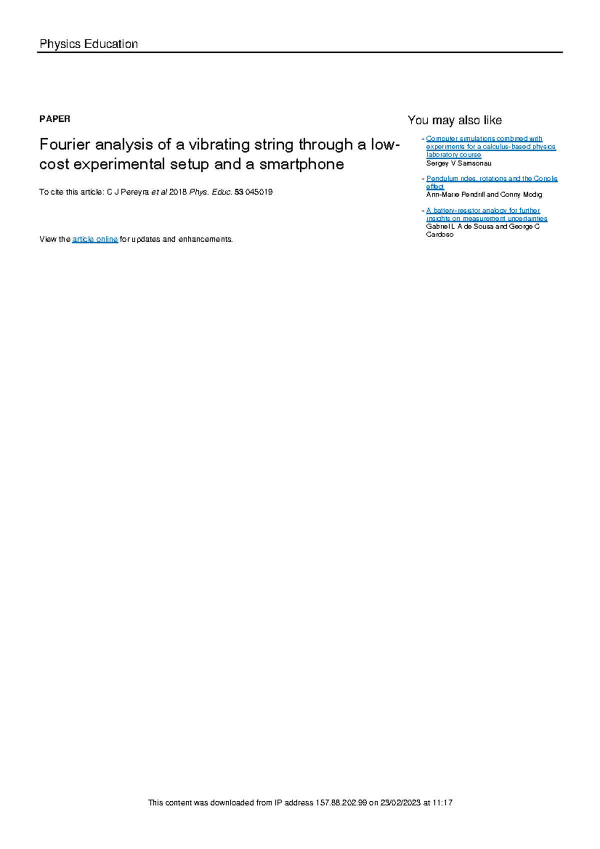 Fourier analysis of a vibrating string through a low-cost - Physics ...