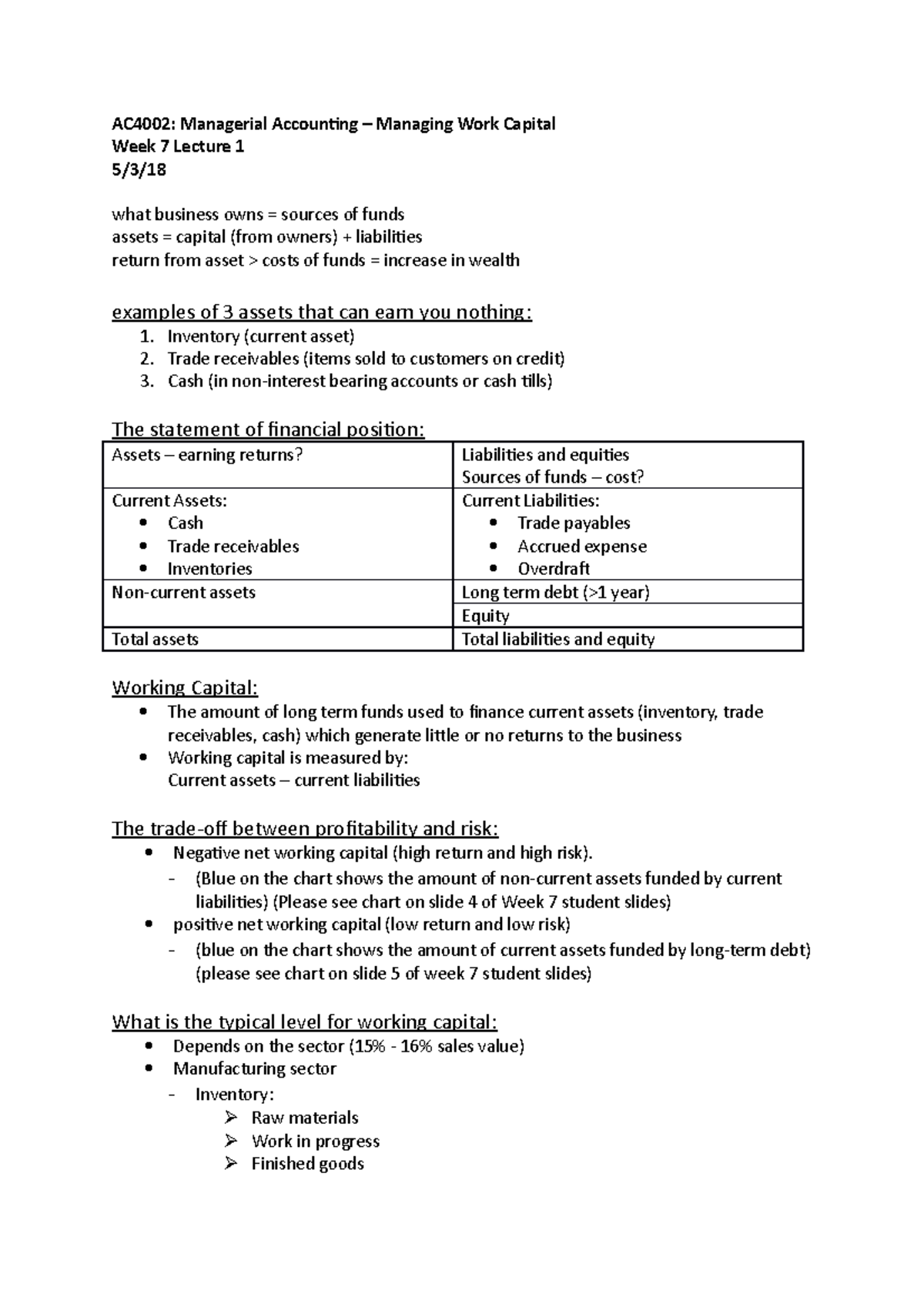 Week 7 Lecture 1 AC4002 - AC4002: Managerial Accounting – Managing Work Capital Week 7 Lecture 1 ...