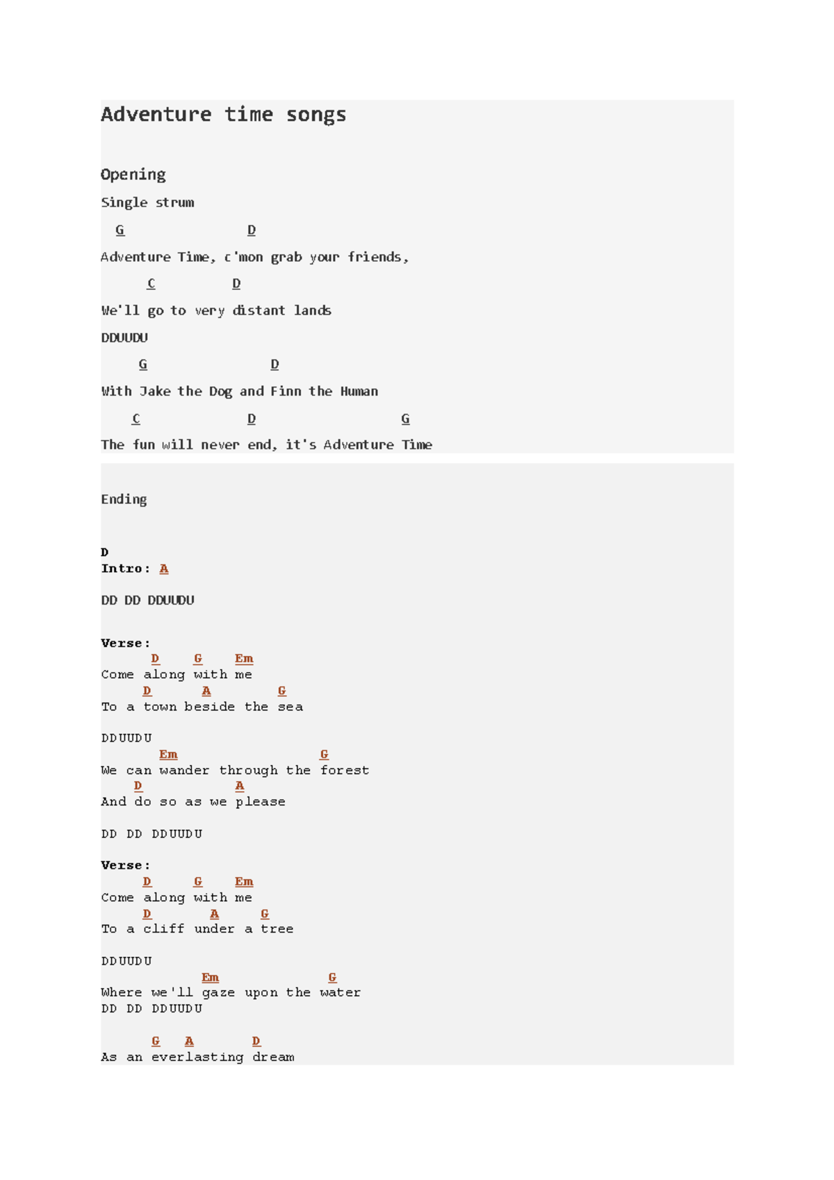 Adventure time songs - Adventure time songs Opening Single strum G D ...