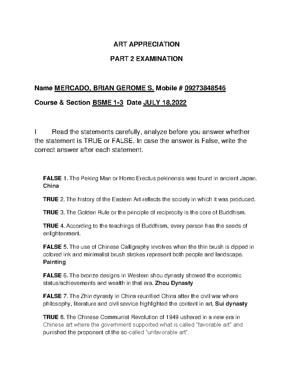 Mercado, Brian Gerome S. Final Examination PART 2 - ART APPRECIATION ...