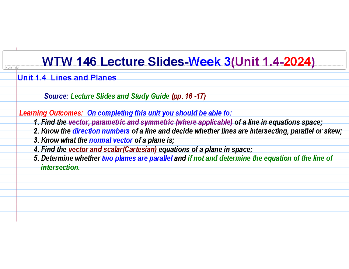 WTW 146 Lecture Slides - Week 3(Unit 1 - Unit 1 Lines and Planes Source ...