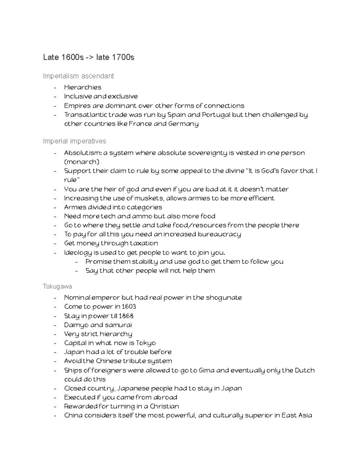 History 10-13-23 - Late 1600s -> late 1700s Imperialism ascendant ...