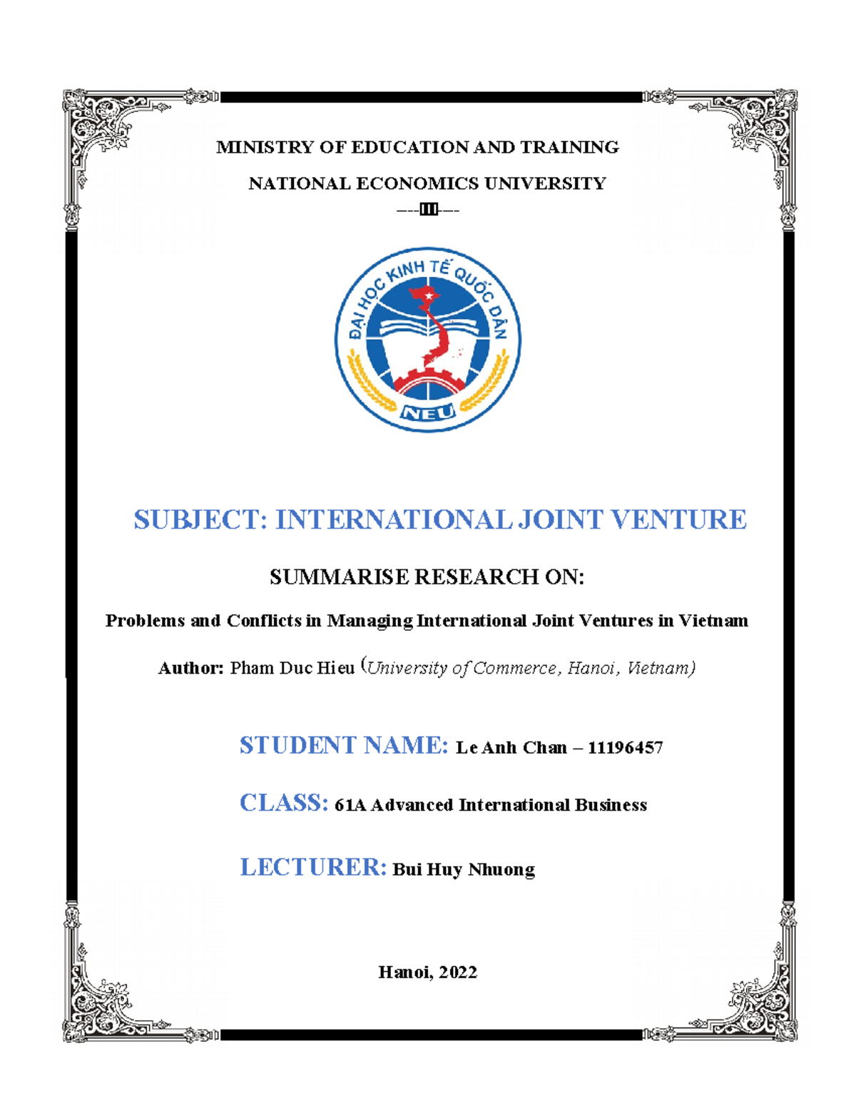 Assignment IJV - MINISTRY OF EDUCATION AND TRAINING NATIONAL ECONOMICS ...