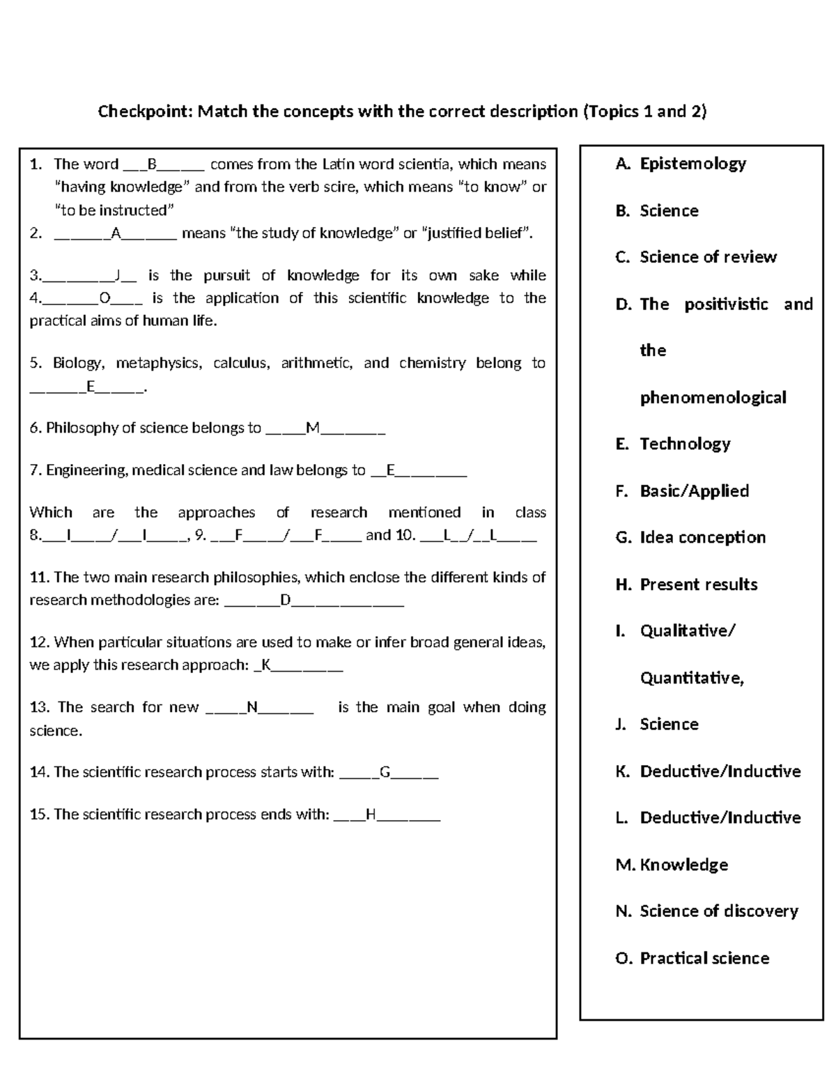 Checkpoint topic 1 and 2 - Checkpoint: Match the concepts with the correct description (Topics 1 ...