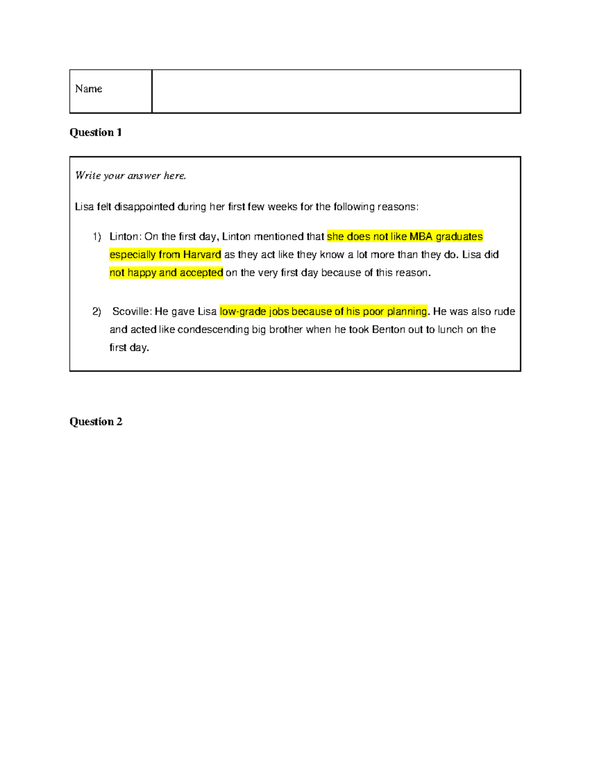 IMT Lisa Benton - Name Question 1 Write your answer here. Lisa felt disappointed during her ...