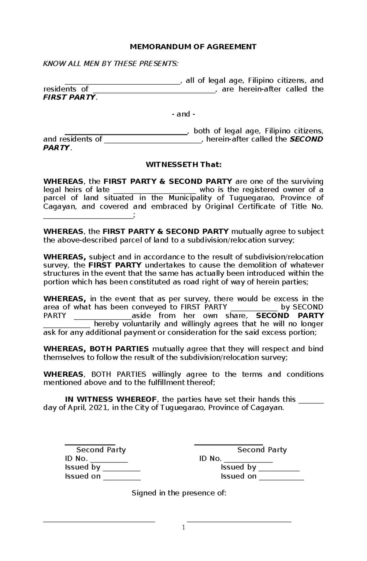 Sample MOA - forms - MEMORANDUM OF AGREEMENT KNOW ALL MEN BY THESE ...