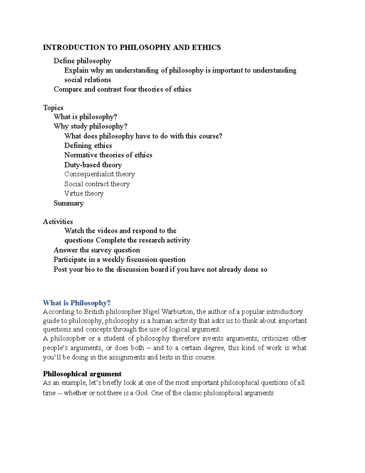 Introduction to Philosophy - INTRODUCTION TO PHILOSOPHY AND ETHICS ...