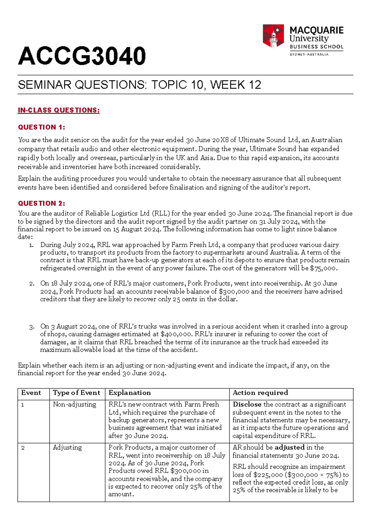 Tutorial Questions W11 - ACCG SEMINAR QUESTIONS: TOPIC 10, WEEK 12 IN-CLASS QUESTIONS: QUESTION ...