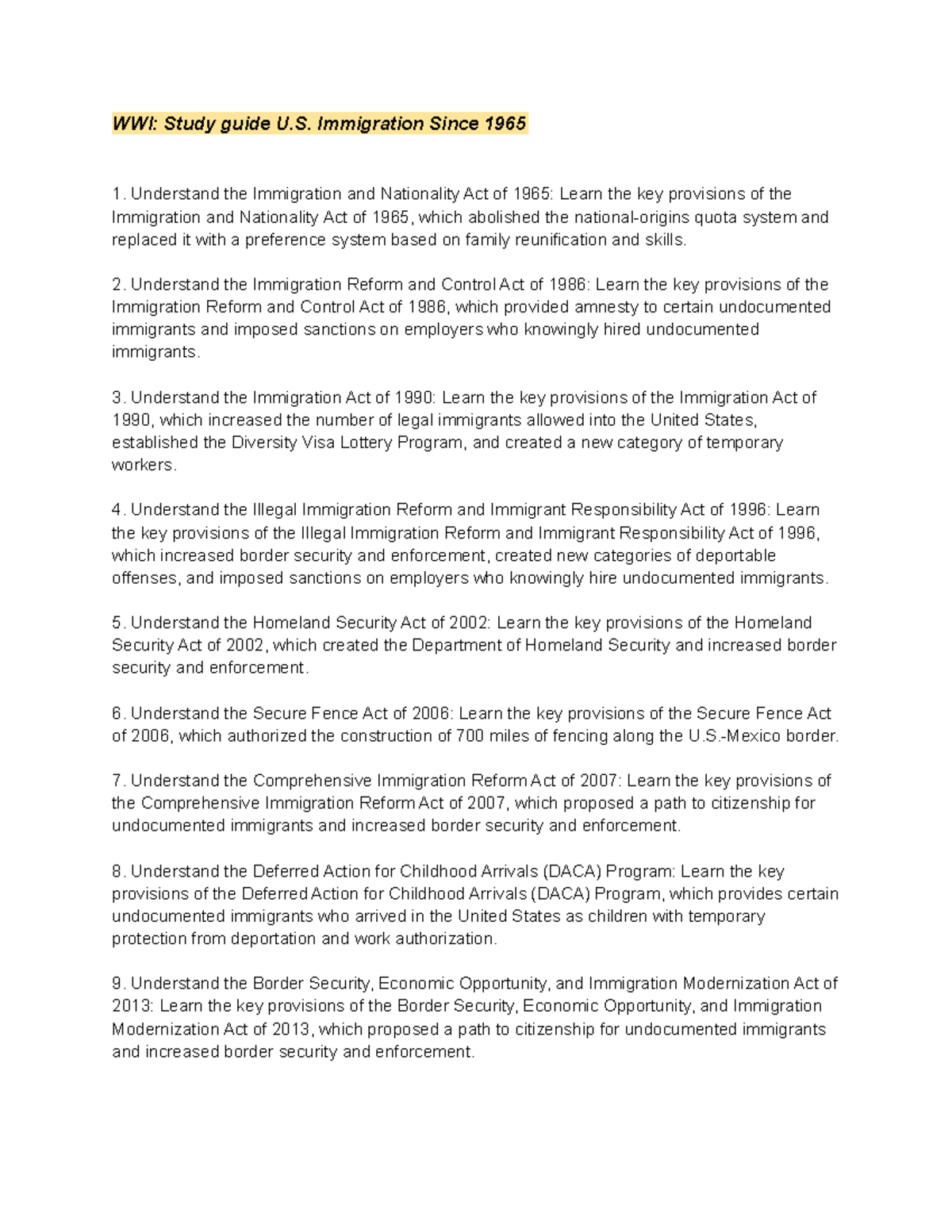 Study Guide U.S. Immigration Since 1965 - WWI: Study guide U ...