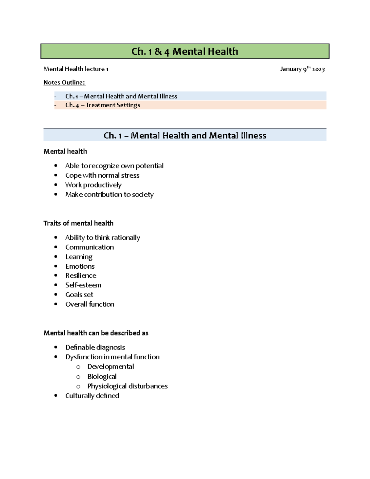 Mental Health- 1 4 - Ch. 1 & 4 Mental Health Mental Health lecture 1 ...