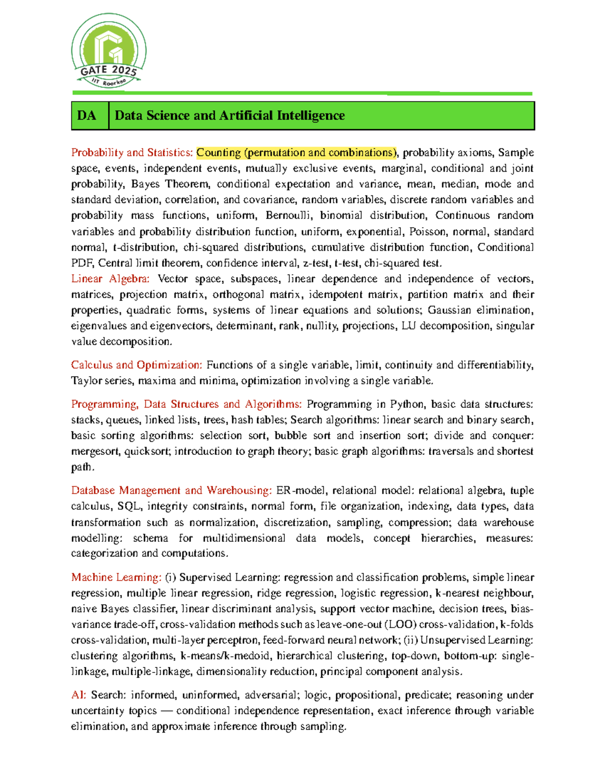 GATE DA 2025 Syllabus - DA Data Science and Artificial Intelligence ...