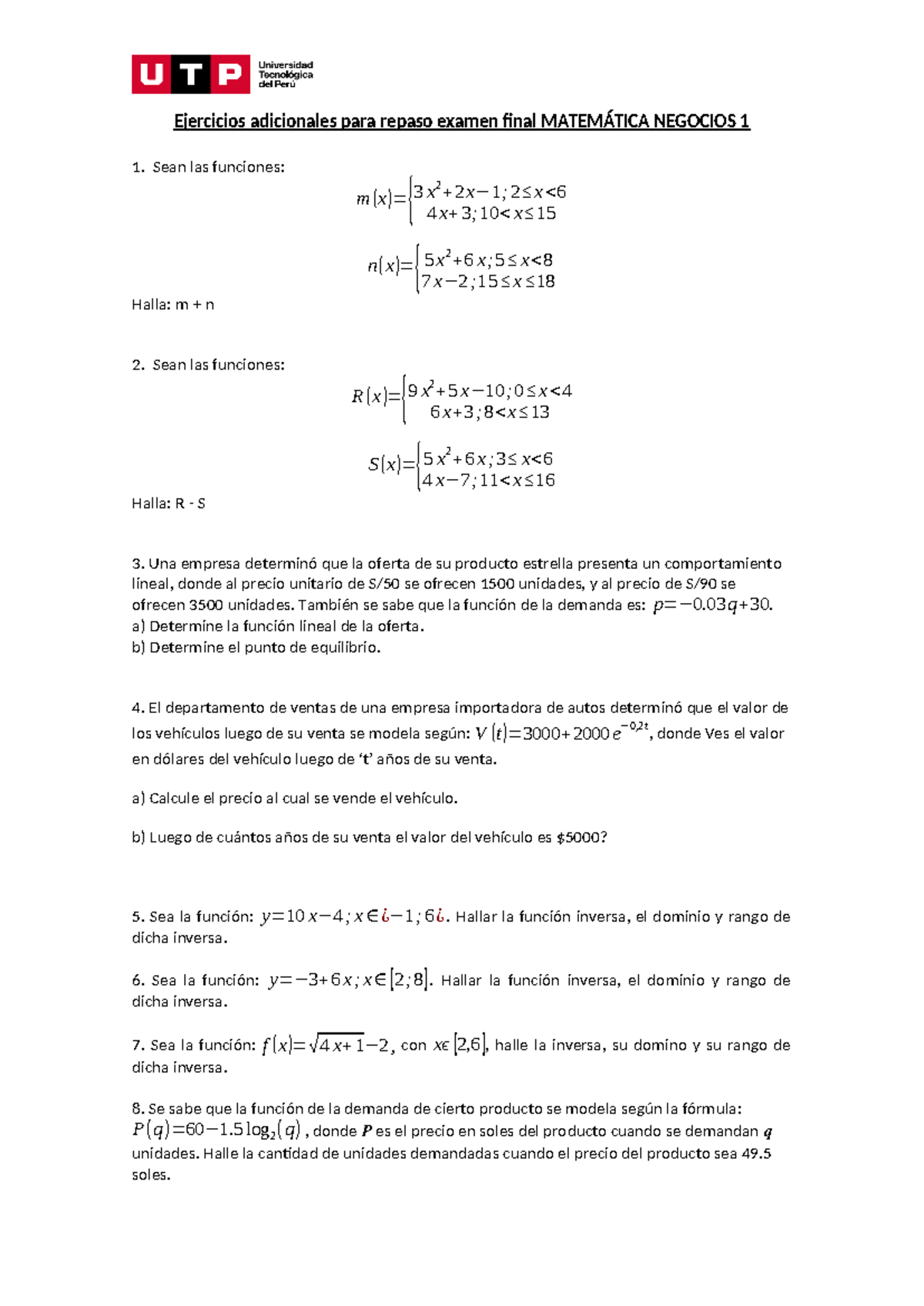 Ejercicios DE Repaso PARA Examen Final - Ejercicios adicionales para ...