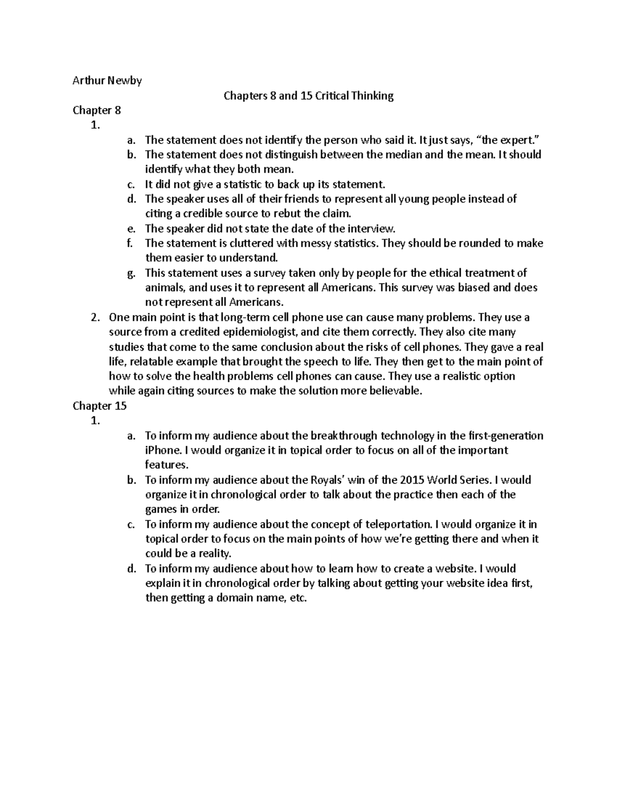 Chapters 8 and 15 Critical Thinking - Arthur Newby Chapters 8 and 15 ...