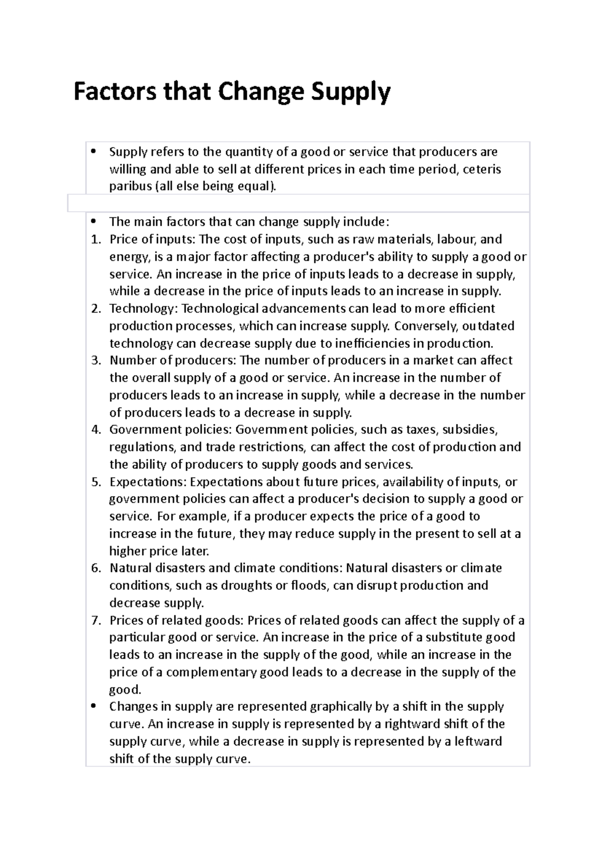 Factors that Change Supply - The main factors that can change supply ...