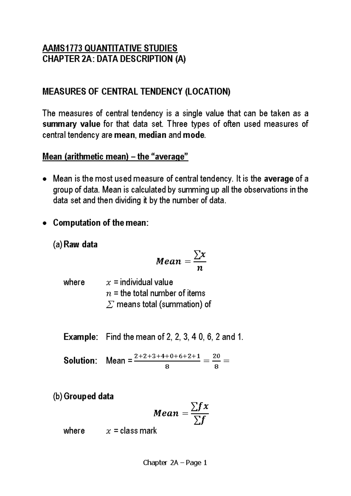 2A Data description (A) - AAMS1773 QUANTITATIVE STUDIES CHAPTER 2A: DATA DESCRIPTION (A ...