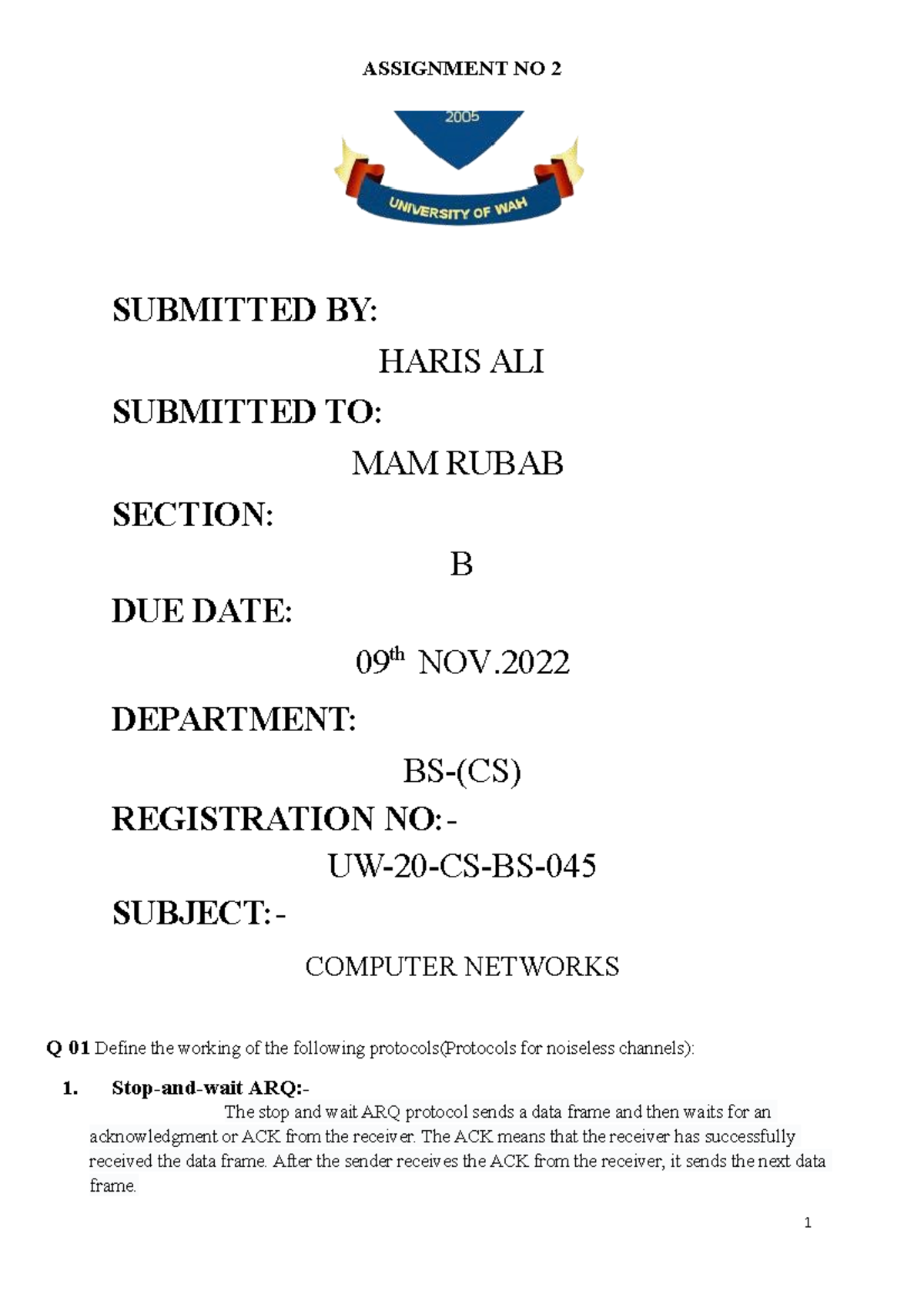 Computer Networks assignment 2 - SUBMITTED BY: HARIS ALI SUBMITTED TO: MAM RUBAB SECTION: B DUE ...