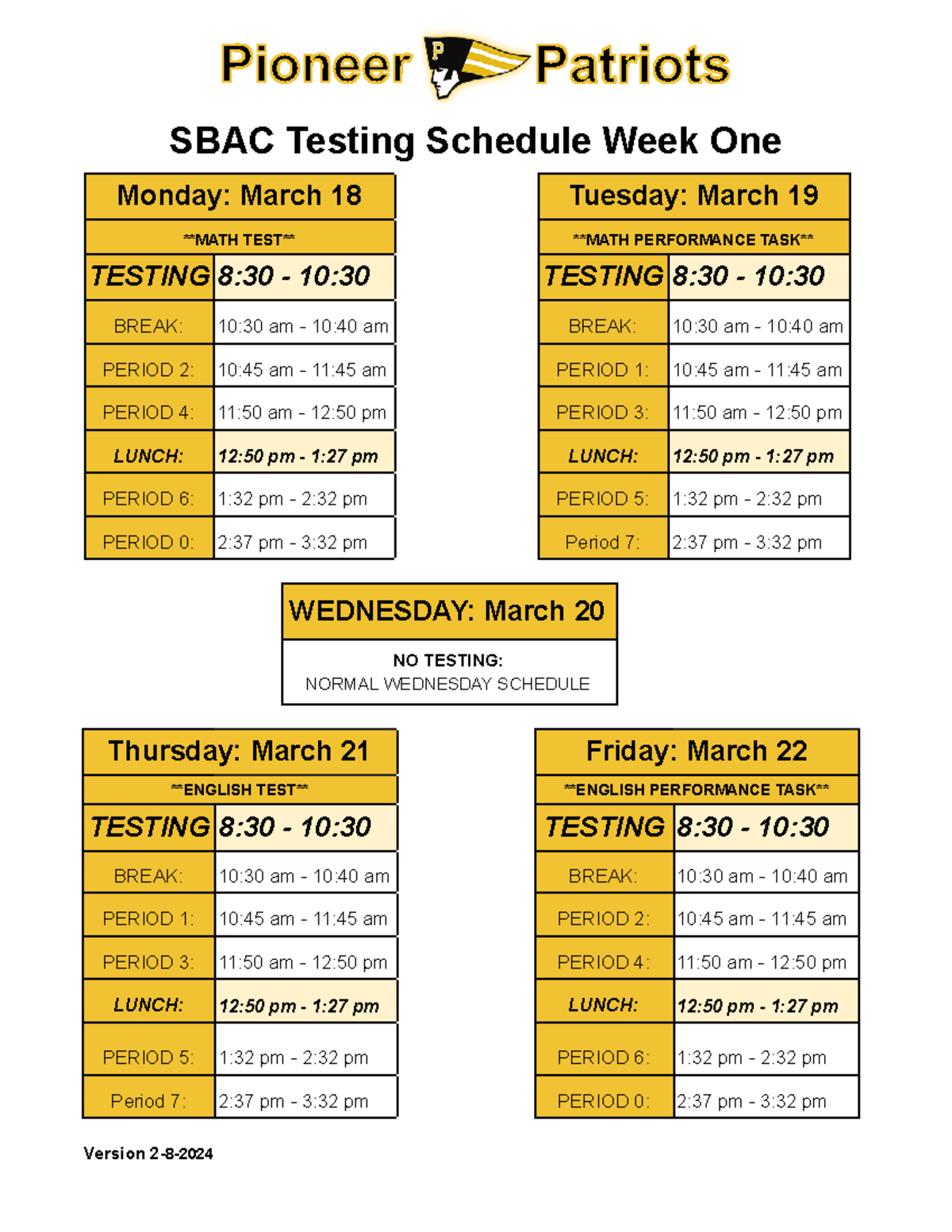 SBAC Schedule 2024 - SBAC Testing Schedule Week One Monday: March 18 ...