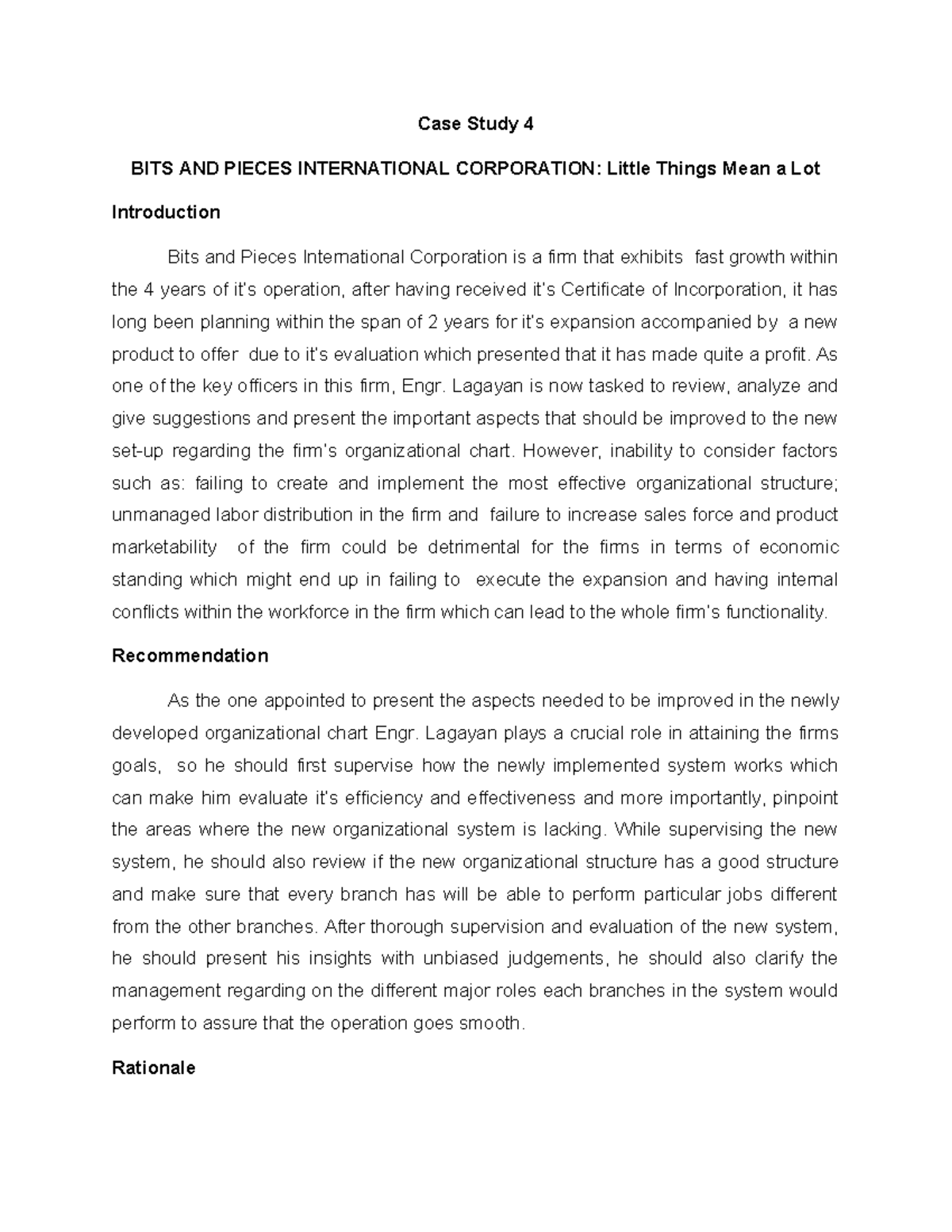 Scribd - Case Study 4 BITS AND PIECES INTERNATIONAL CORPORATION: Little ...