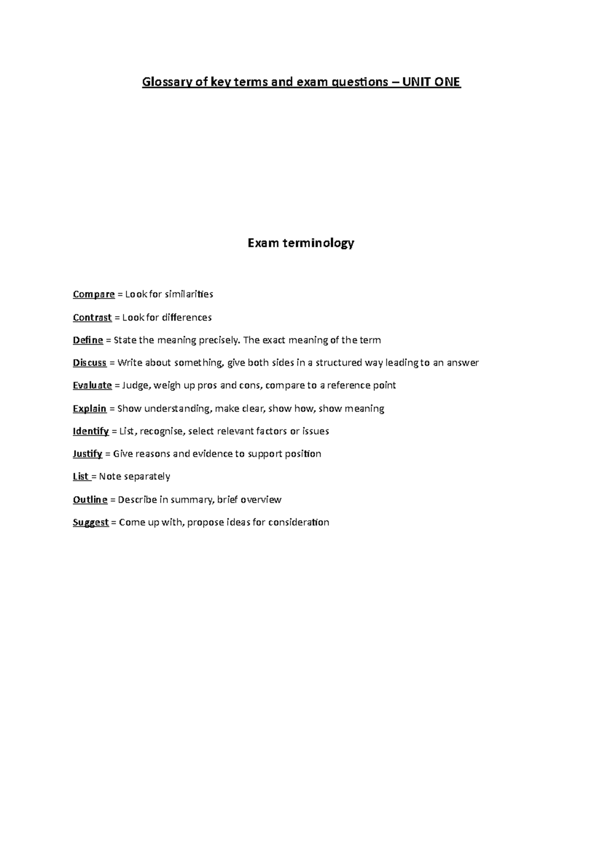 HHD Unit 1 revision - glossary of terms and exam questions - Glossary ...
