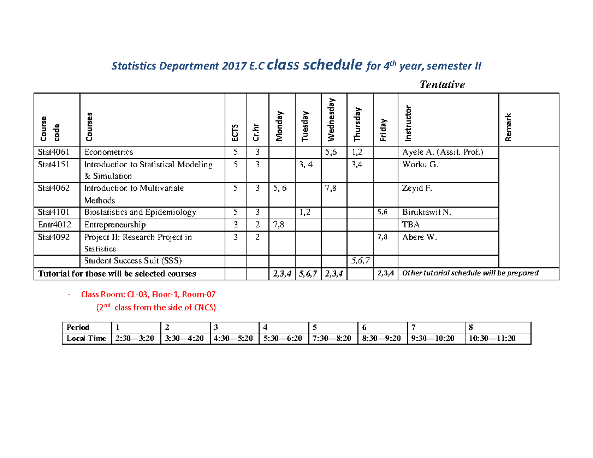 Class shedule-2017 Stat 4th year II sem - Statistics Department 2017 E ...