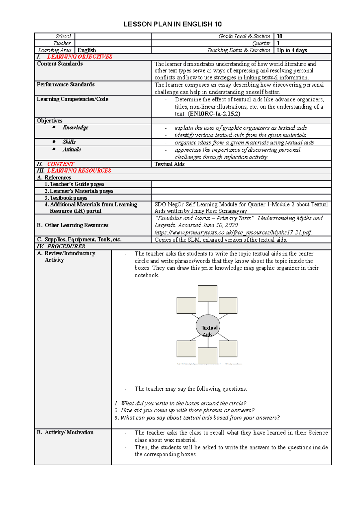 DLP-ENG10-Q1-MELC-2-WEEK 2 - LESSON PLAN IN ENGLISH 10 School Grade Level & Section 10 Teacher ...