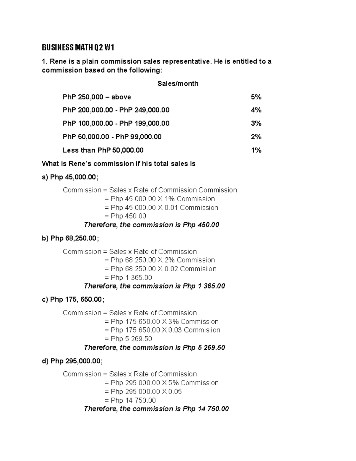 Business MATH Quarter 2 w1-w2 - BUSINESS MATH Q2 W 1. Rene is a plain ...
