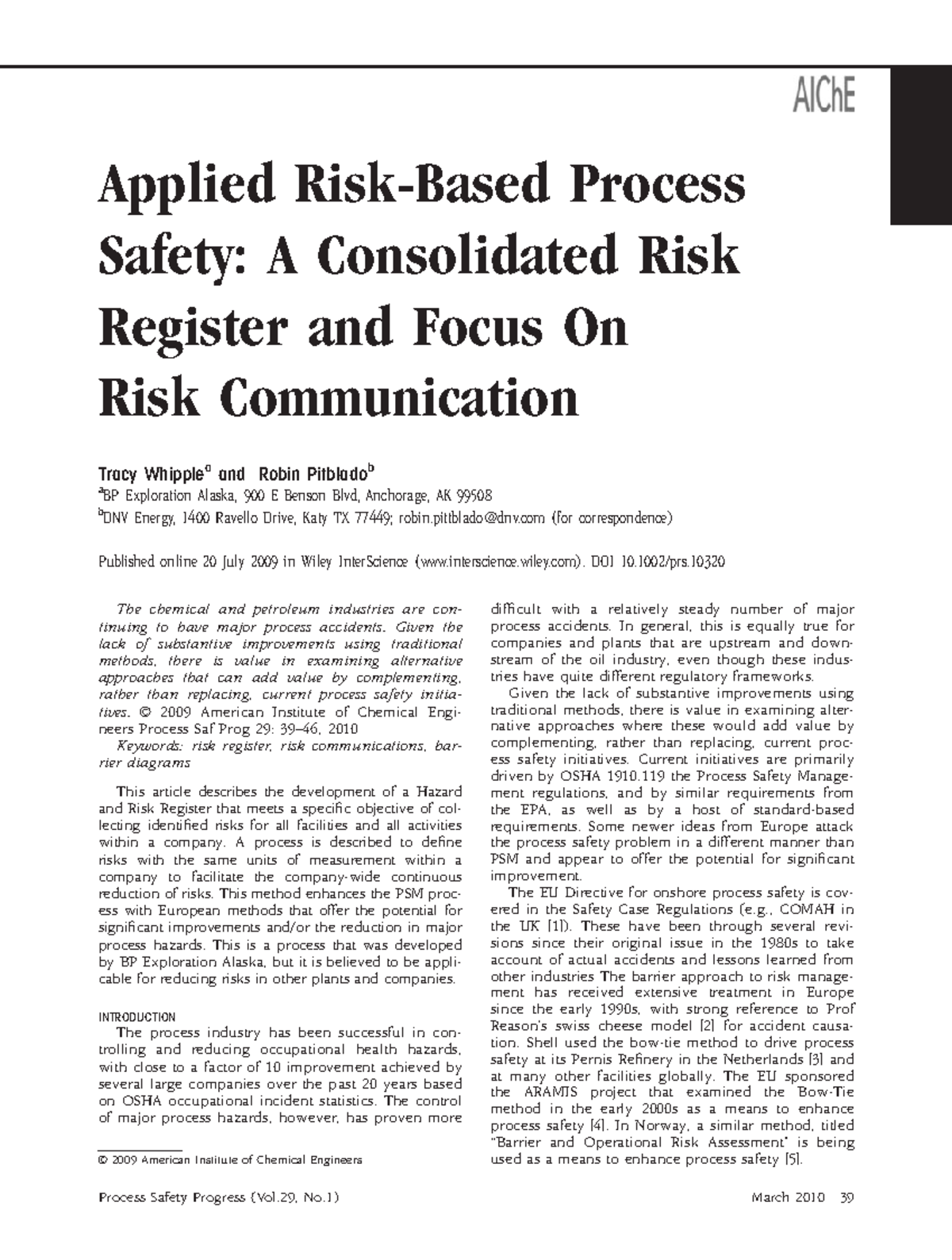Process Safety Progress - 2009 - Whipple - Applied risk‐based process ...