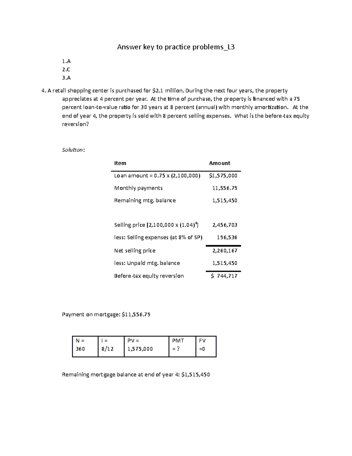 Practice L3 Answers - NPV and IRR assignment - Answer key to practice ...
