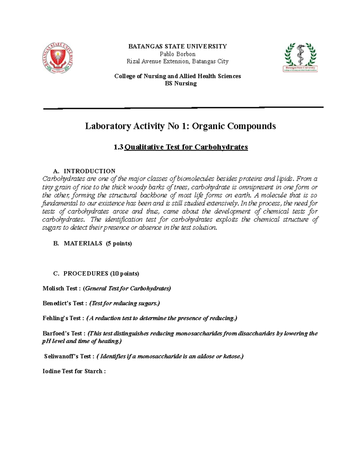 Laboratory-1 - Biochemistry lab - BATANGAS STATE UNIVERSITY Pablo ...
