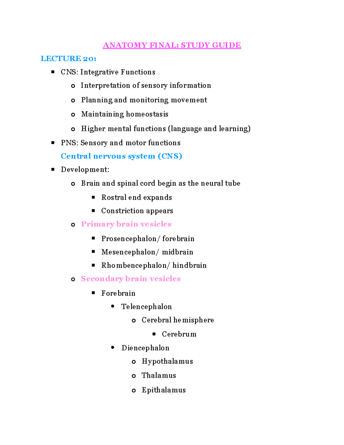 Anatomy Final - ANATOMY FINAL: STUDY GUIDE LECTURE 20: CNS: Integrative Functions o ...
