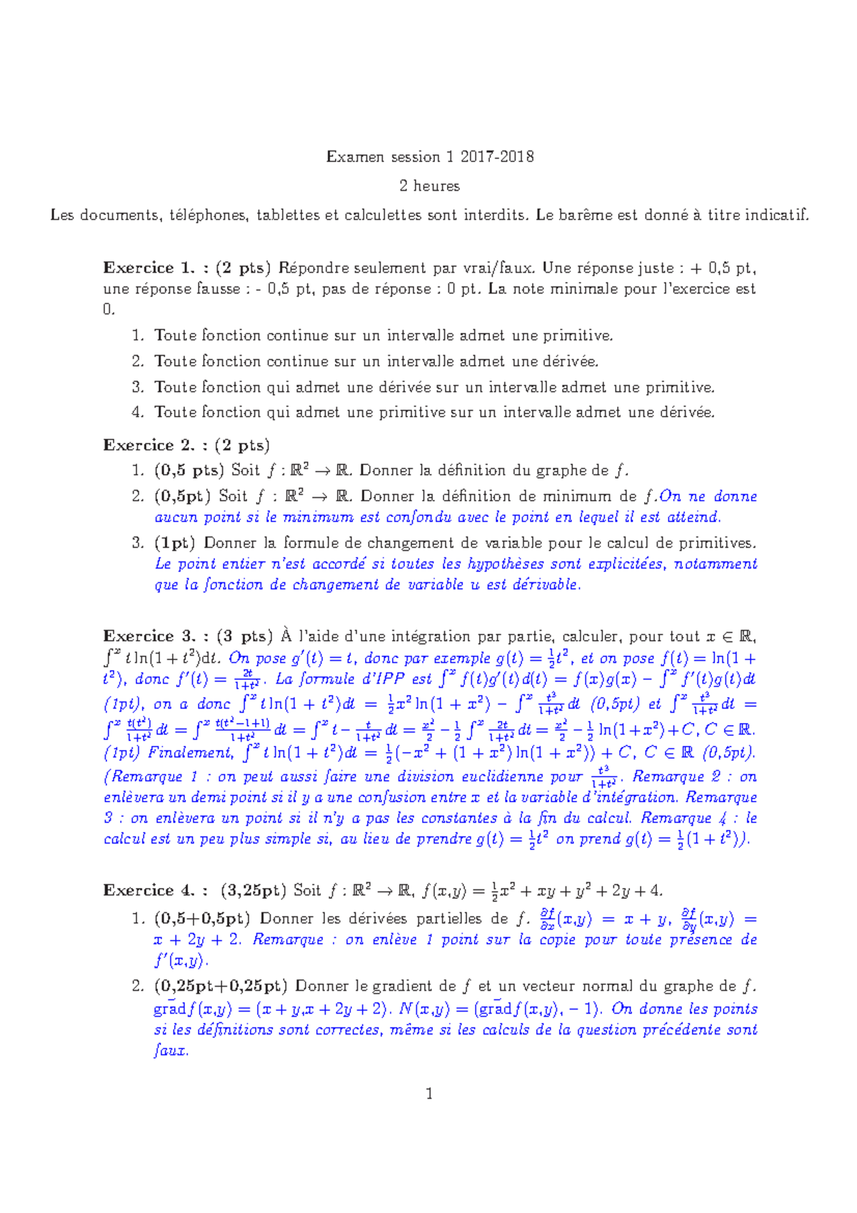 Examen 2018, questions et réponses - Universit´e de Cergy-Pontoise, Math´ematiques L1 Calculus ...