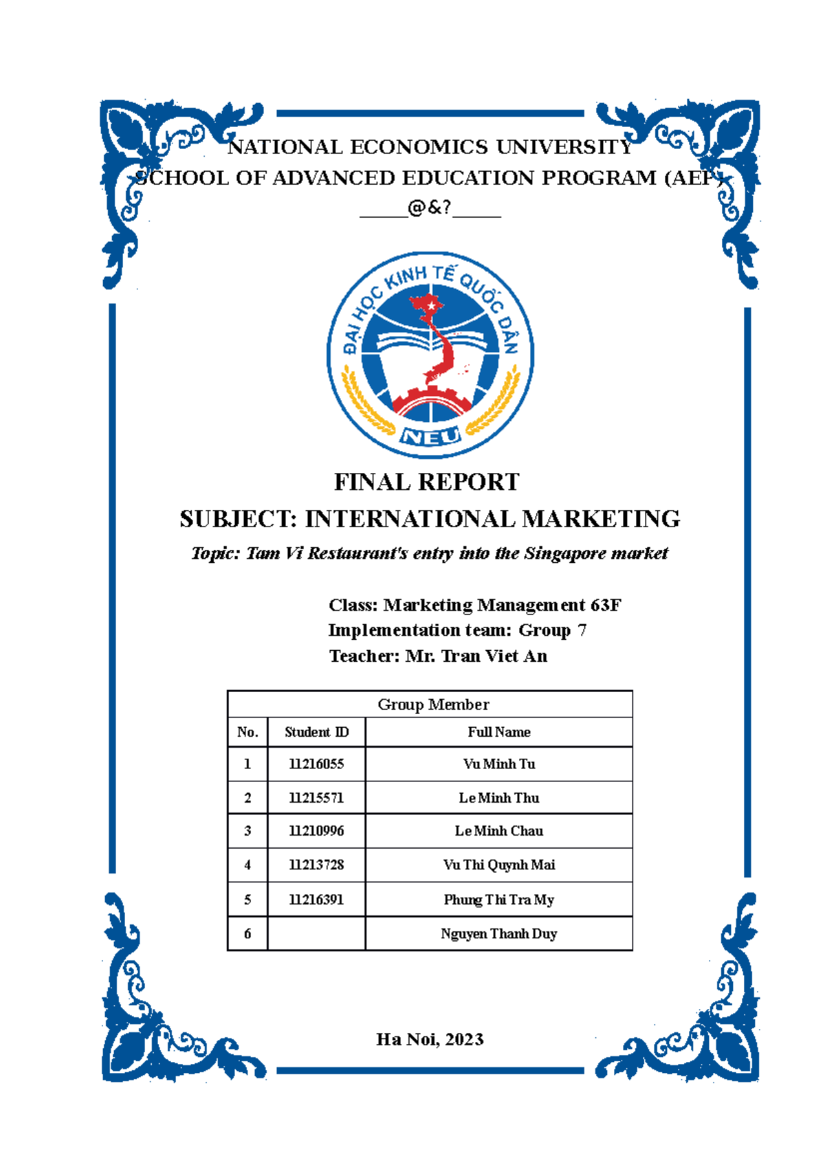 IM Final Report Group 7 - NATIONAL ECONOMICS UNIVERSITY SCHOOL OF ADVANCED EDUCATION PROGRAM ...