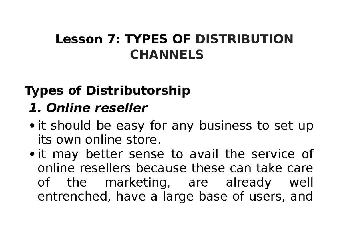 Lesson 7 - Lesson 7: TYPES OF DISTRIBUTION CHANNELS Types of ...