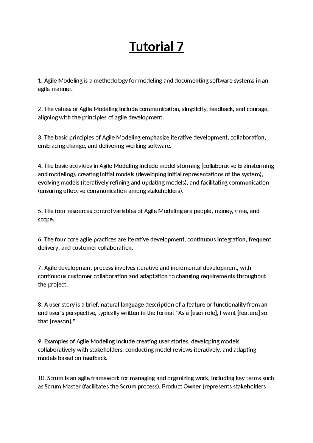 ITSU2004 Tutorial 7 - Tutorial 7 1. Agile Modeling is a methodology for ...