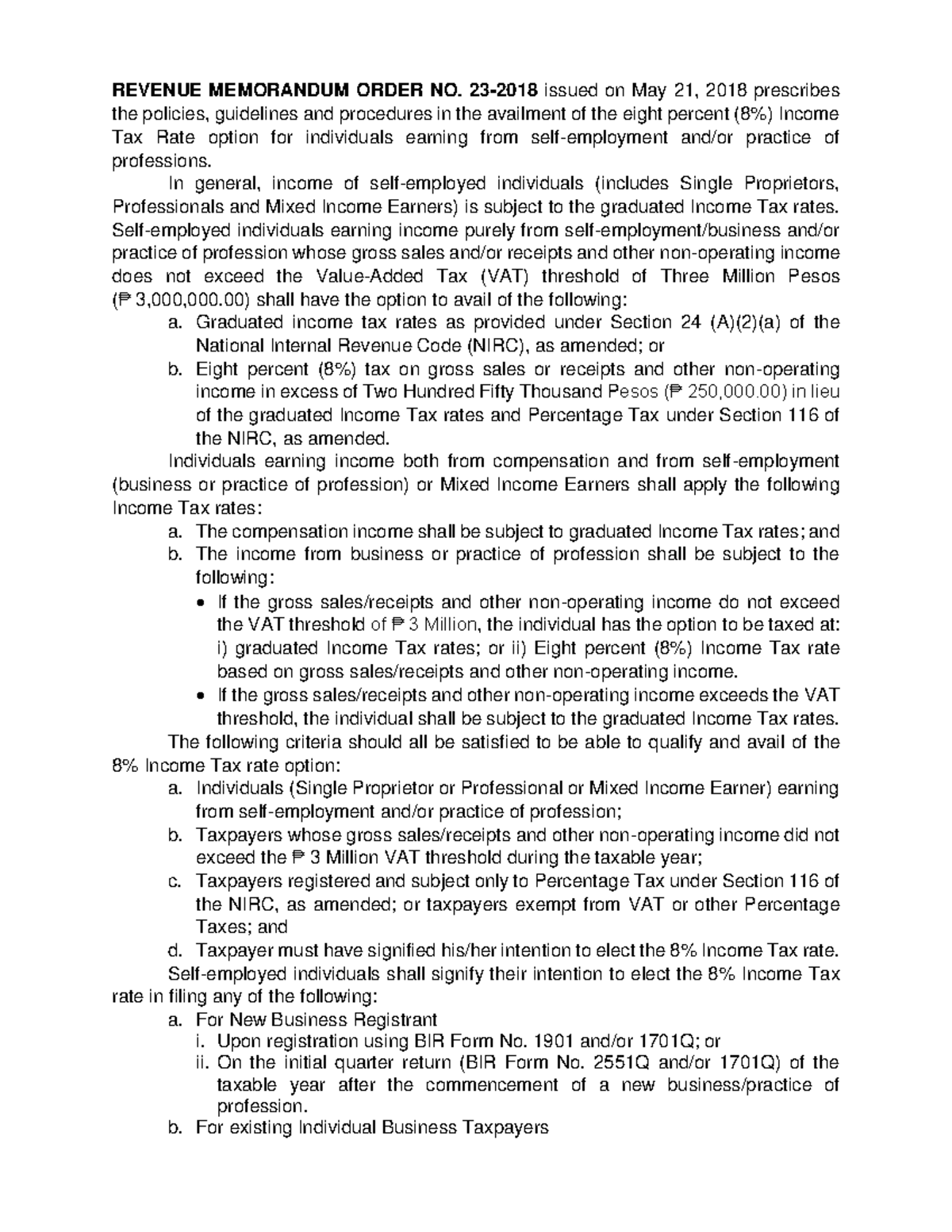 RMO No - taxation - REVENUE MEMORANDUM ORDER NO. 23-2018 issued on May 21, 2018 prescribes the ...