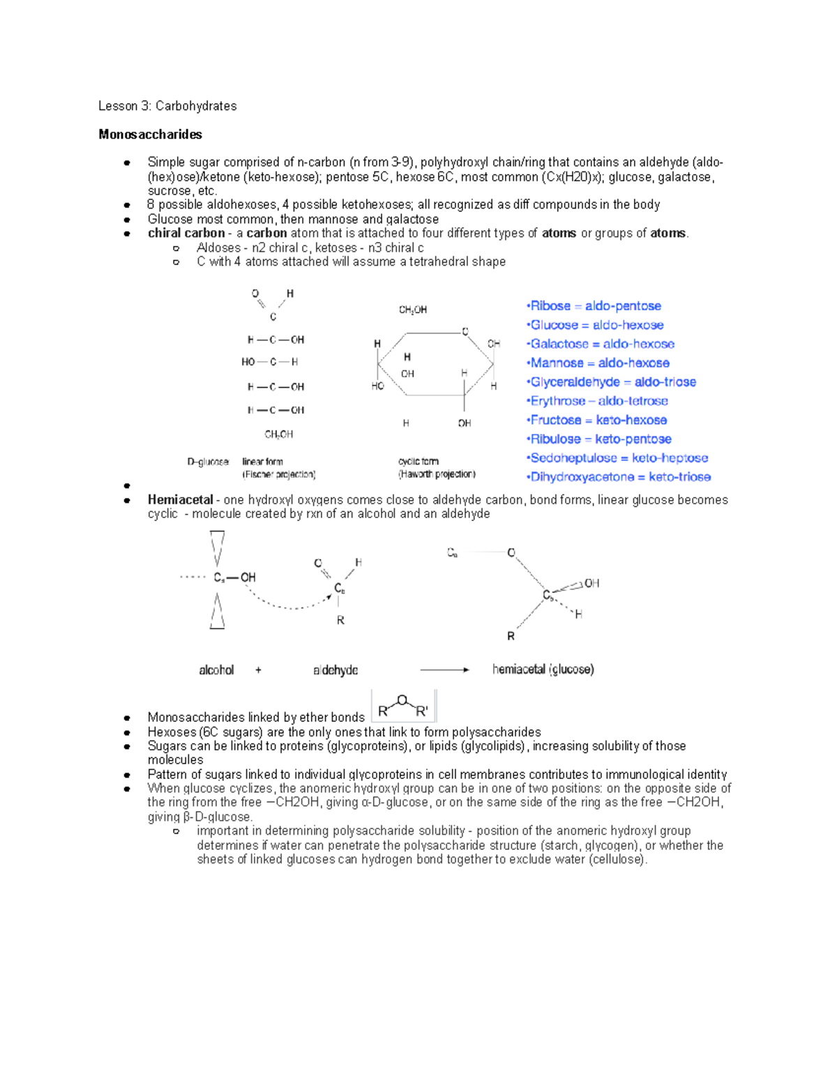 Biochem 3-5 review - Lesson 3: Carbohydrates Monosaccharides Simple ...