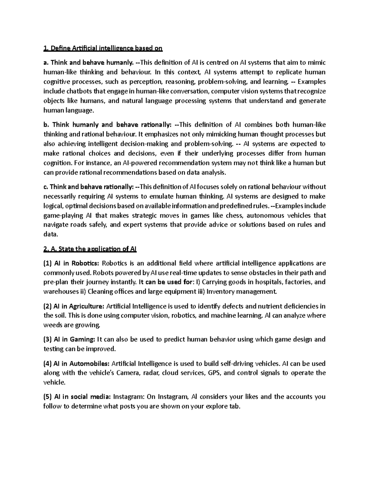 Artificial intelligence iae 2 qb - Define Artificial intelligence based on a. Think and behave ...