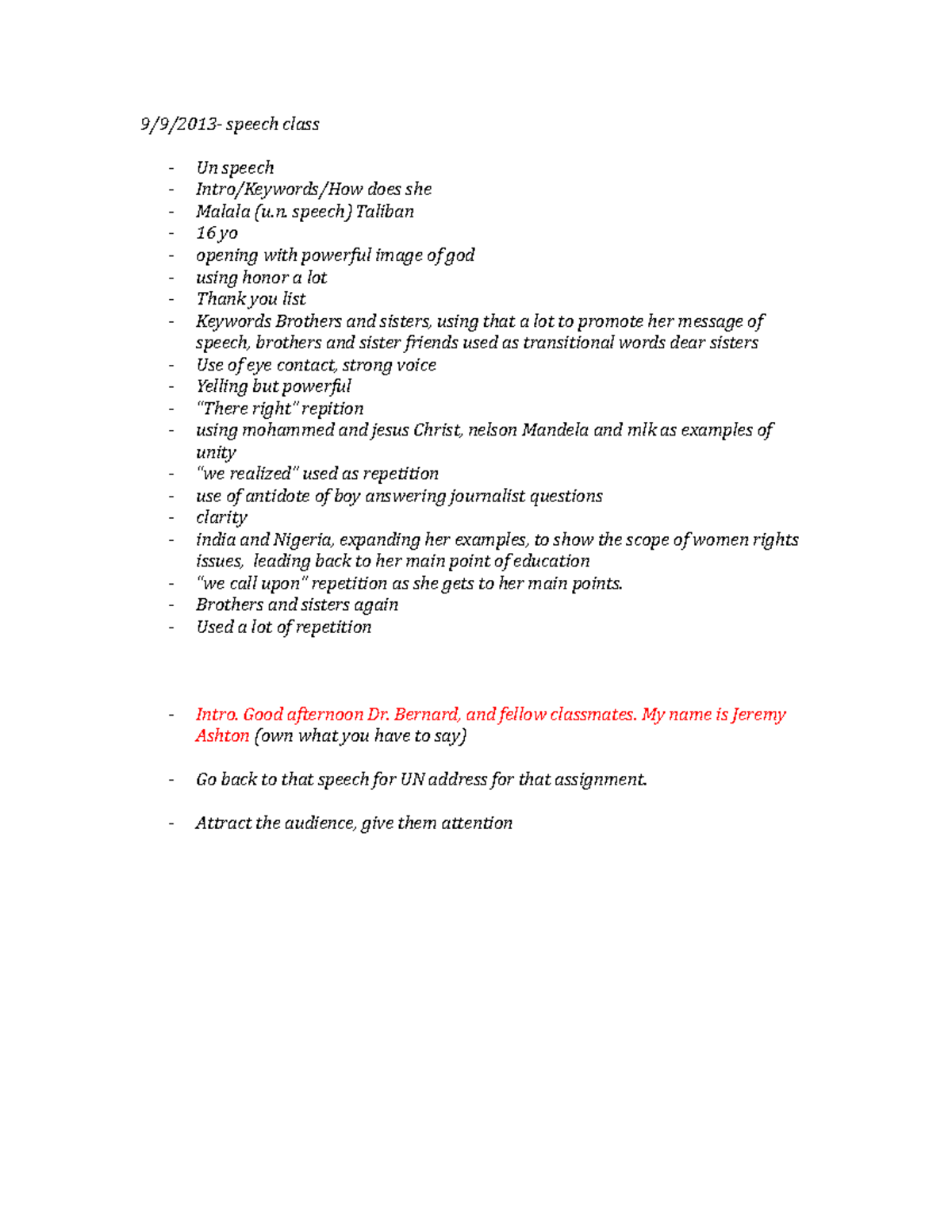 Speech class 9:9:12 - 9/9/2013- speech class Un speech Intro/Keywords ...