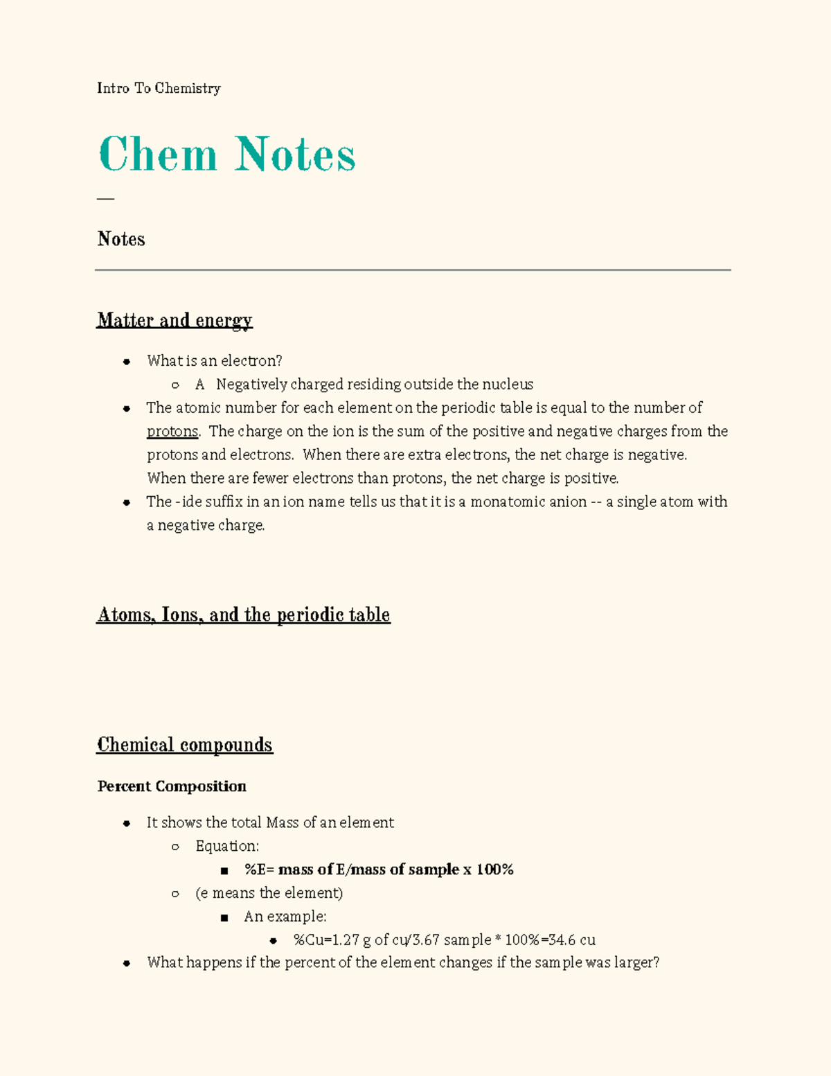 Chm 101 Lecture Notes For The Majority Of The Semester Intro To Chemistry Chem Notes