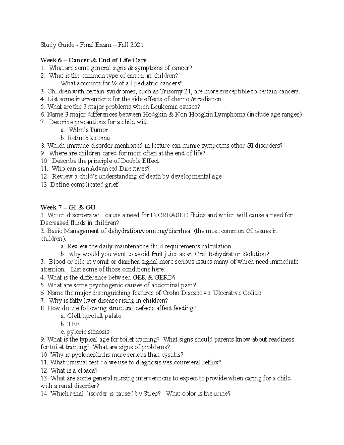 Final Exam 2021 - Study Guide - Study Guide - Final Exam – Fall 2021 ...