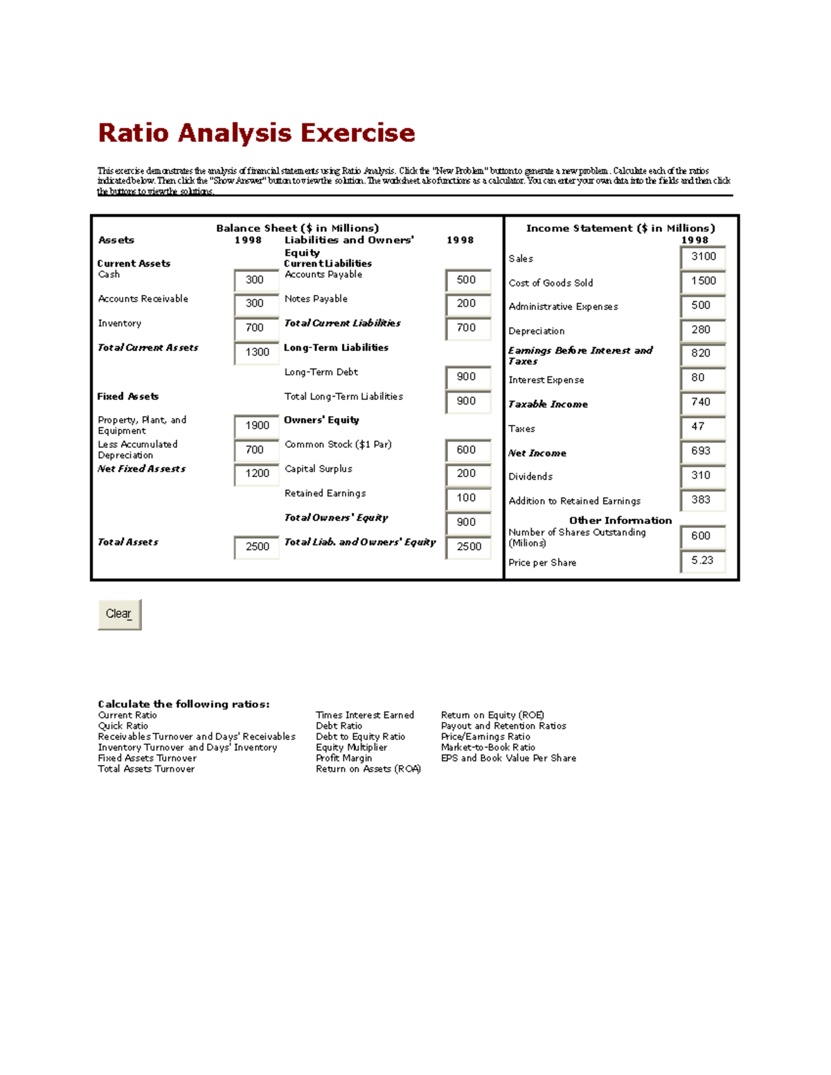 Ratio Analysis Question with solution - Ratio Analysis Exercise This ...