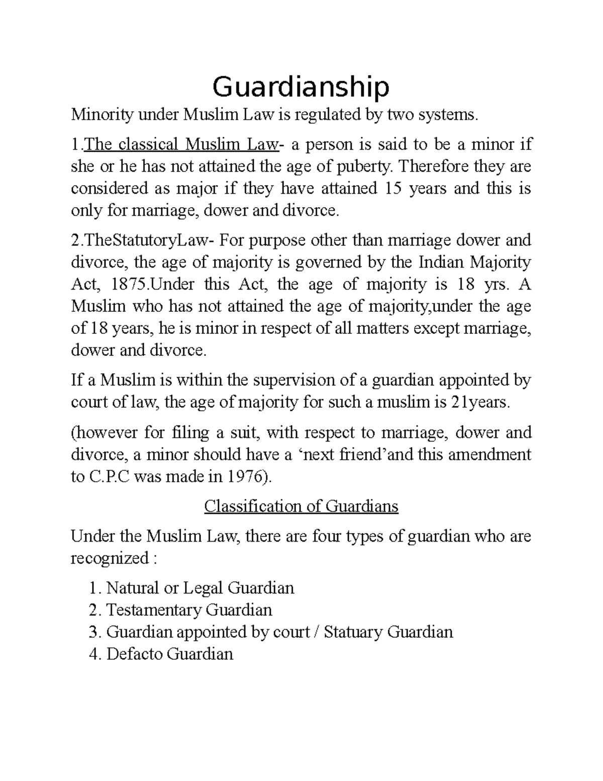 Guardianship - notes - Guardianship Minority under Muslim Law is ...