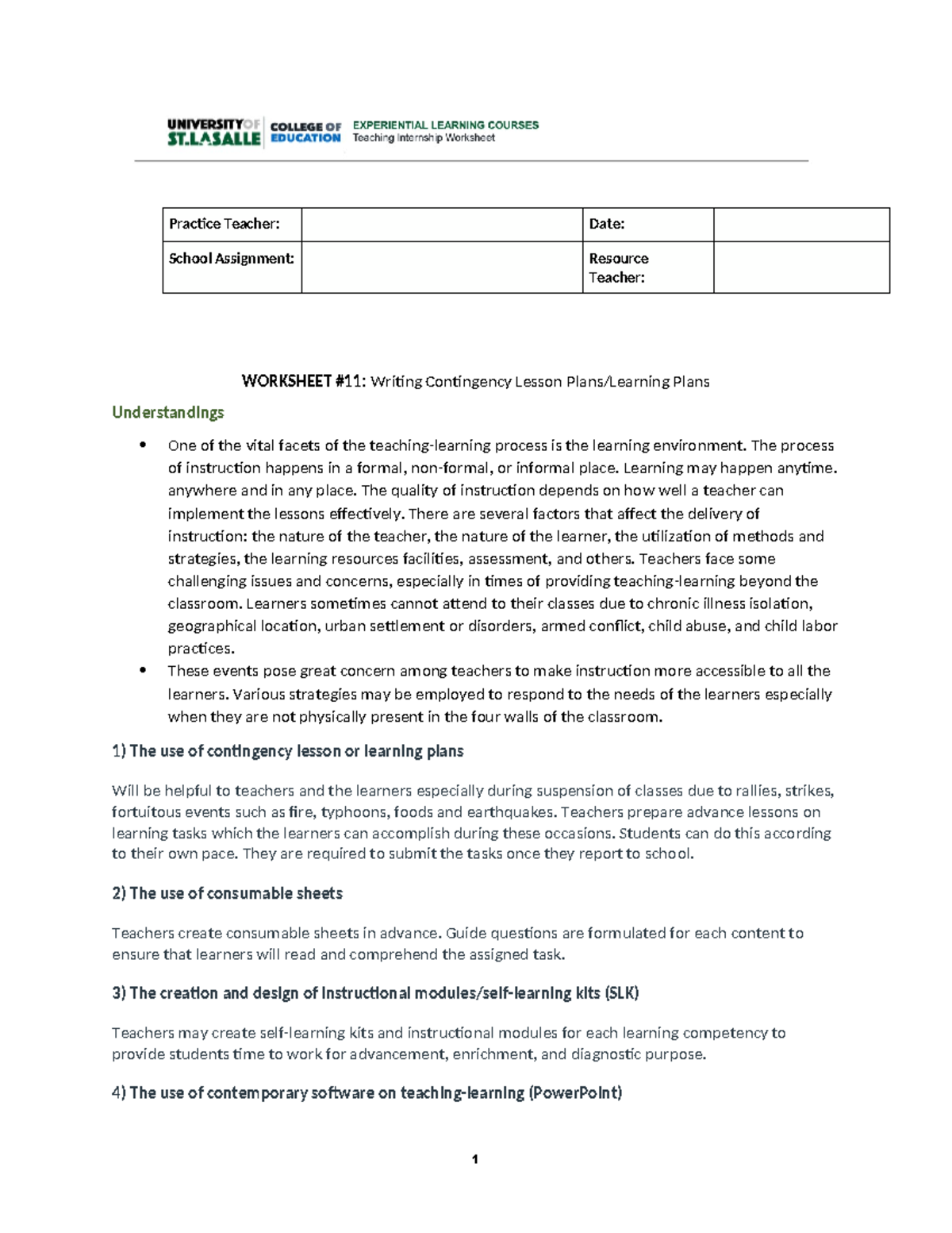 Teaching Internship Worksheet 11 - Practice Teacher: Date: School ...