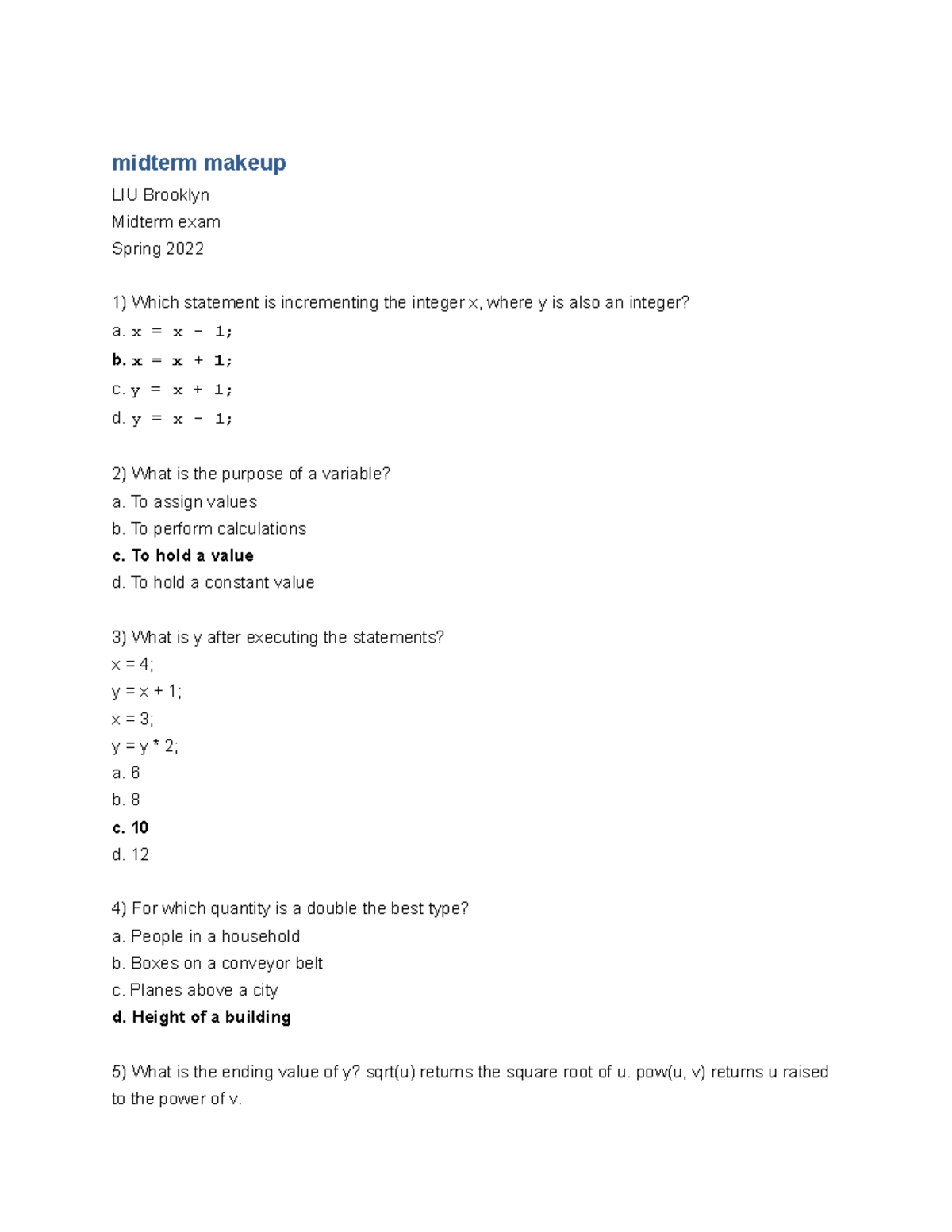 Test Cs 102 Object Oriented Programming Midterm Makeup Liu Brooklyn Midterm Exam Spring