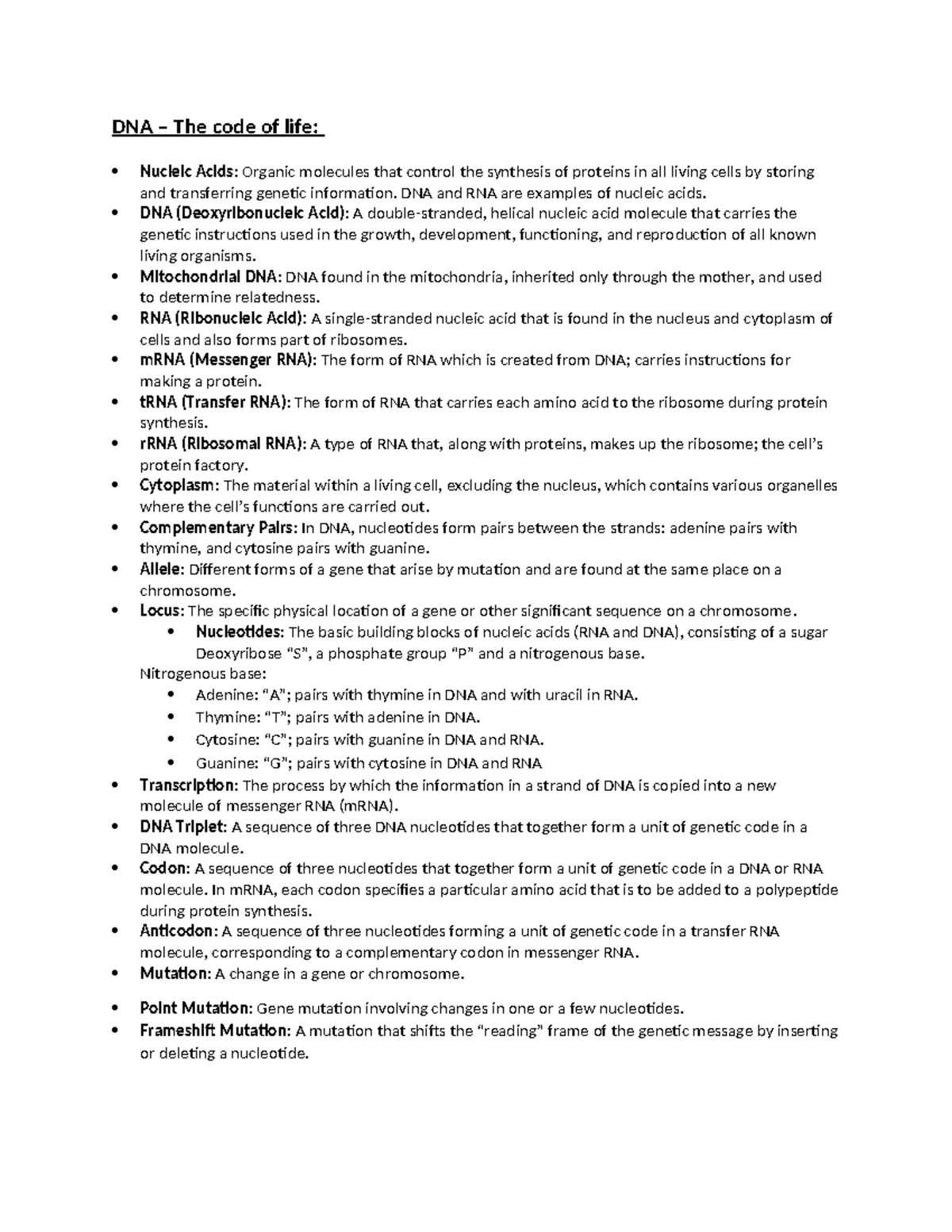 DNA - Notes - DNA – The code of life: Nucleic Acids: Organic molecules ...