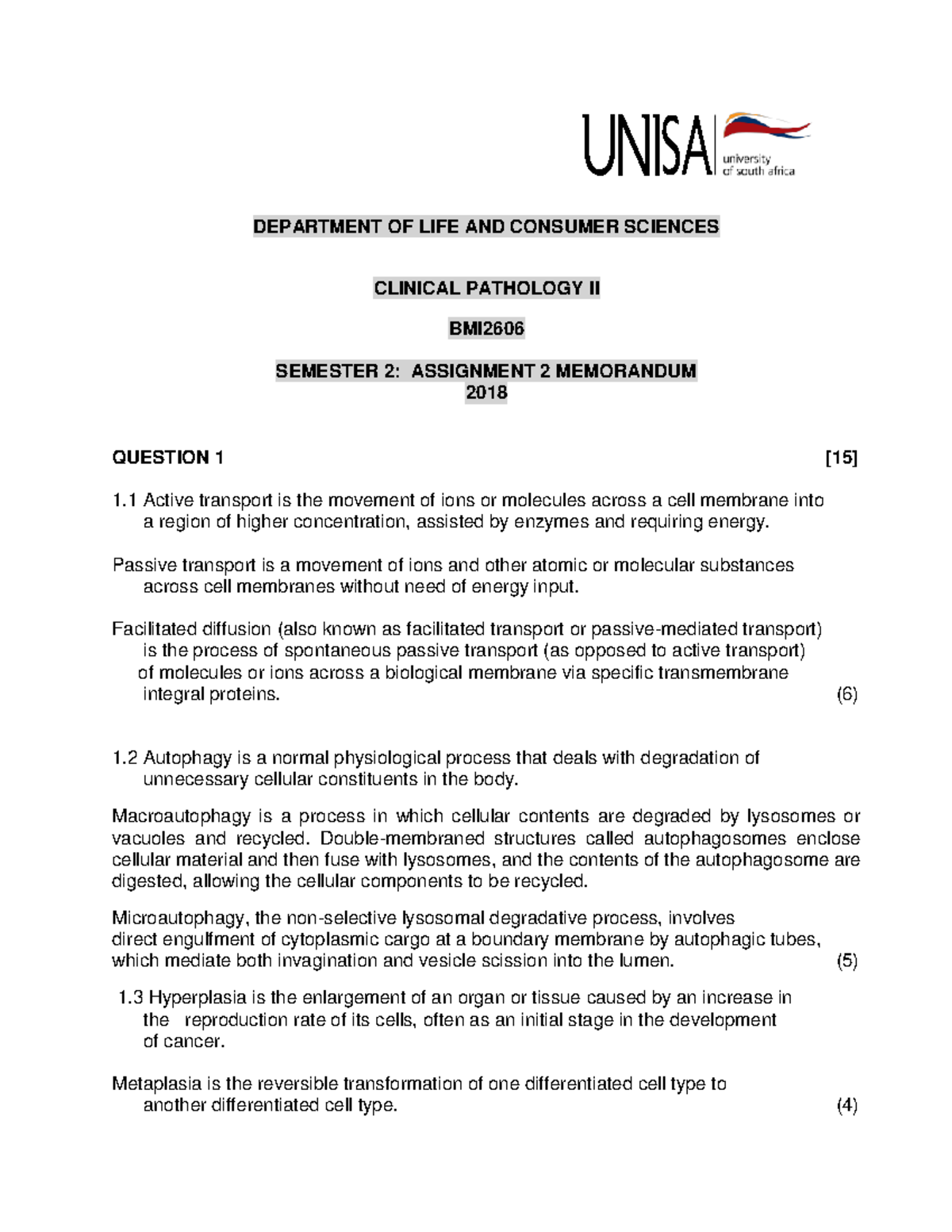 BMI2606 Assignment 2S2MEMO2018 - Clinical Pathology II - DEPARTMENT OF ...
