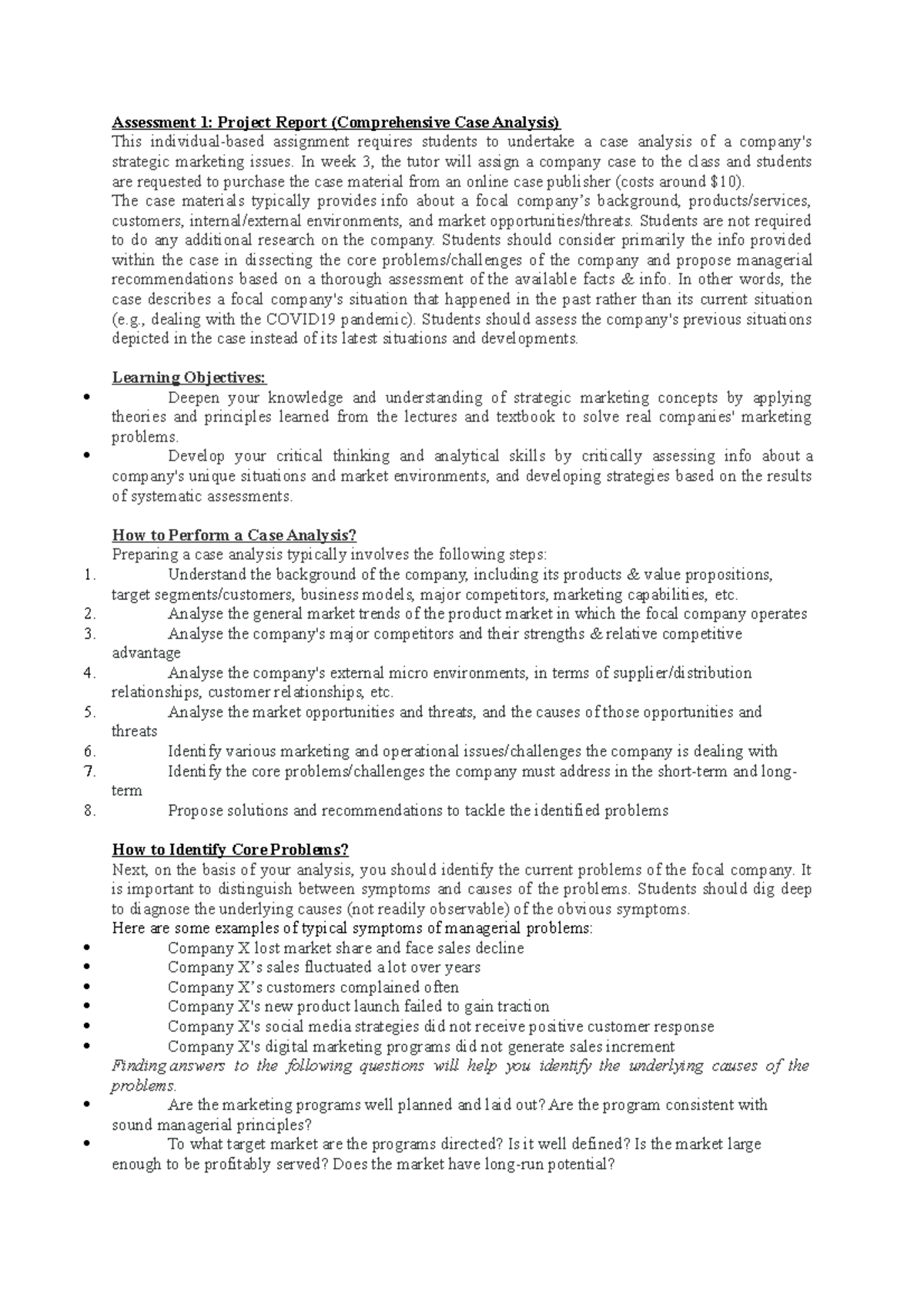 Assessment 1 brief - Assessment 1: Project Report (Comprehensive Case ...