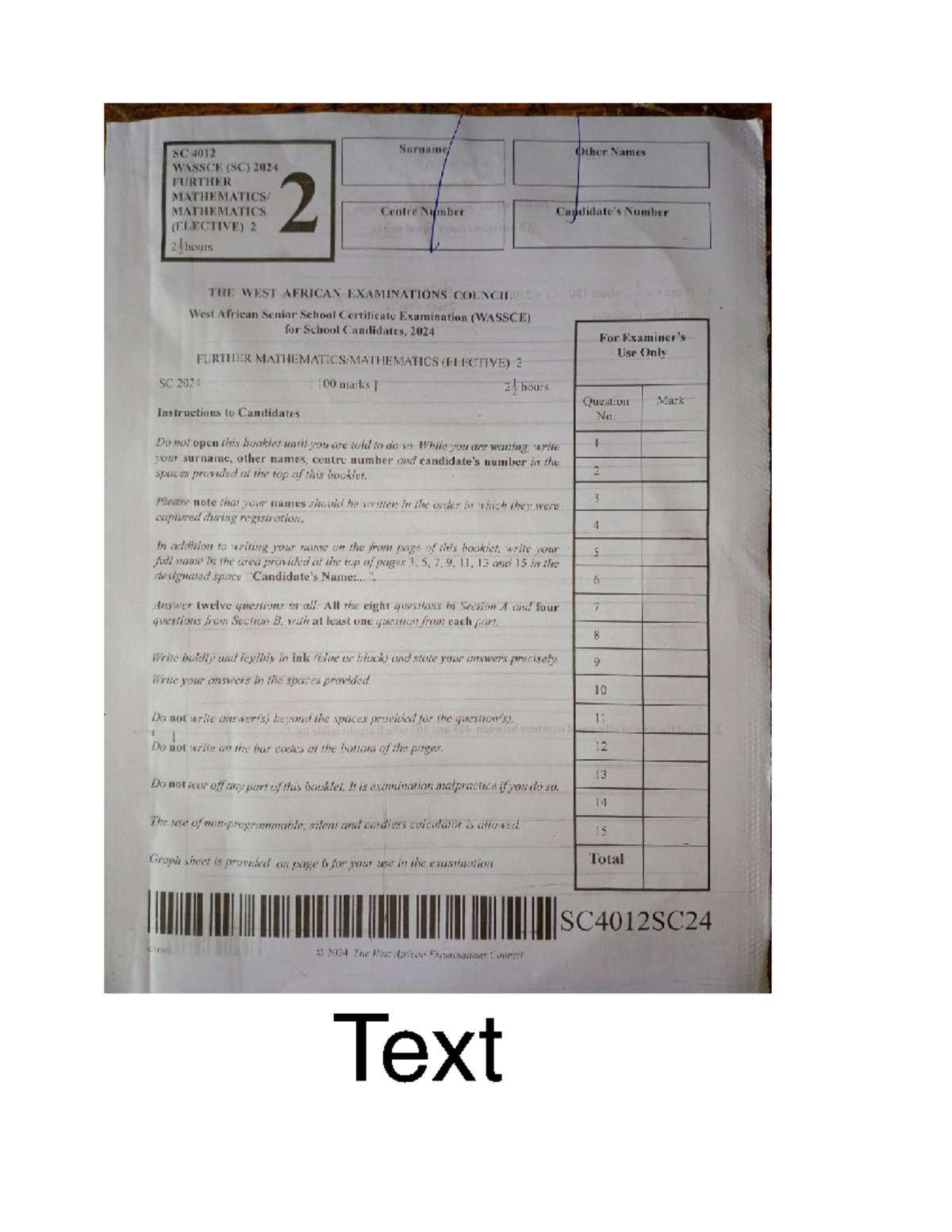Further - Maths Wassce 2024 SC Final Marking Scheme Compiled BY EXAM ...